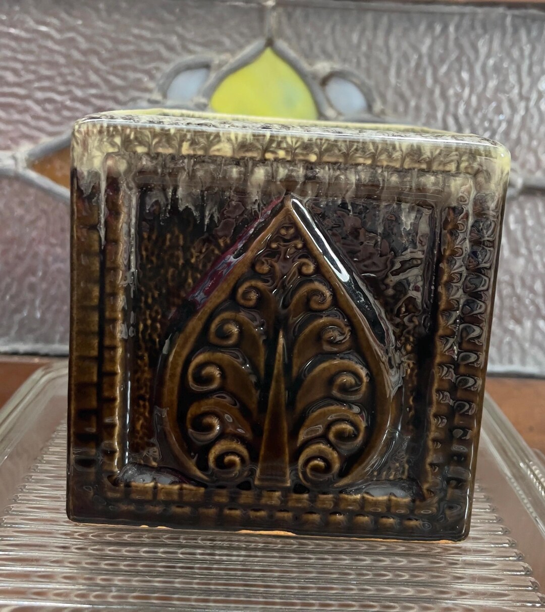 MCM Retro Hull Pottery USA Green Drip Glaze Palm A3 Pattern Square ...