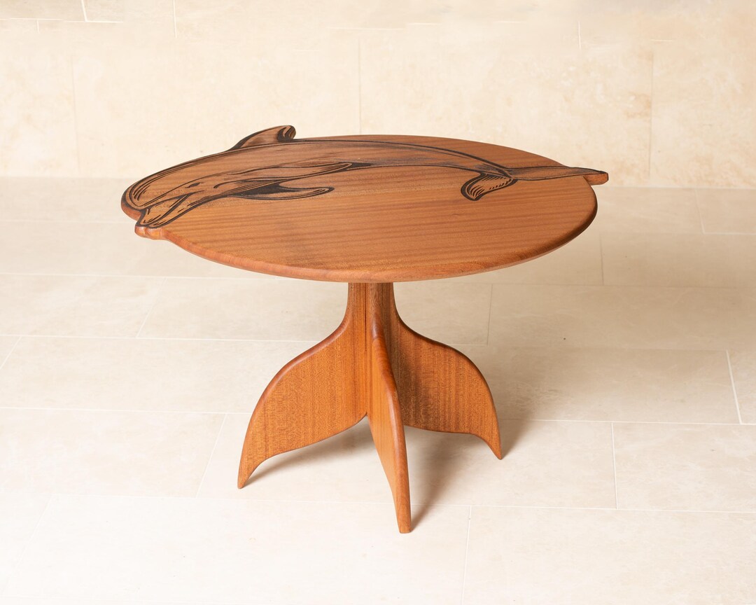 Dolphin Engraved Coffee Table Round Hardwood Table Artisan Handmade End ...