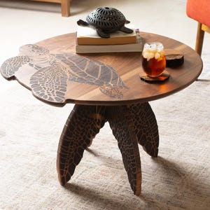 Turtle Engraved Coffee Table | Round Hardwood Table | Artisan Handmade ...