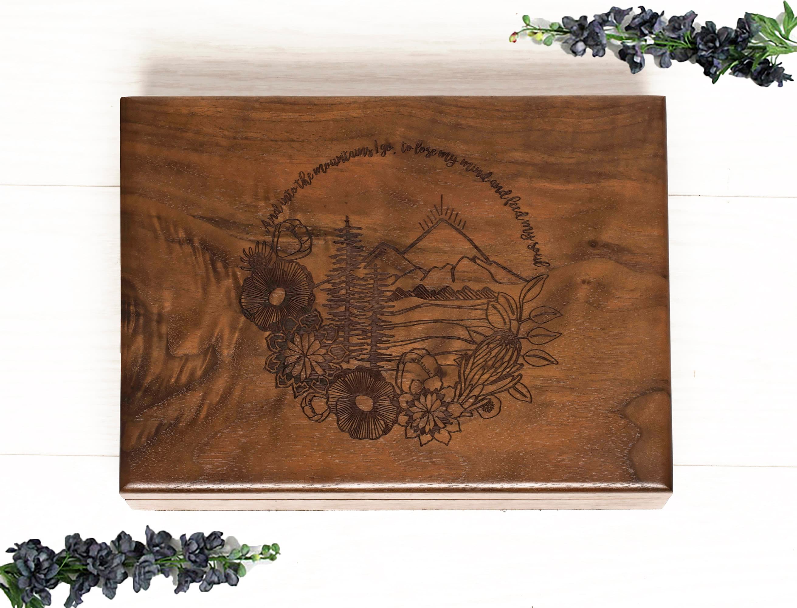 Walnut Wood Box Mountains Design Engraved | Etsy