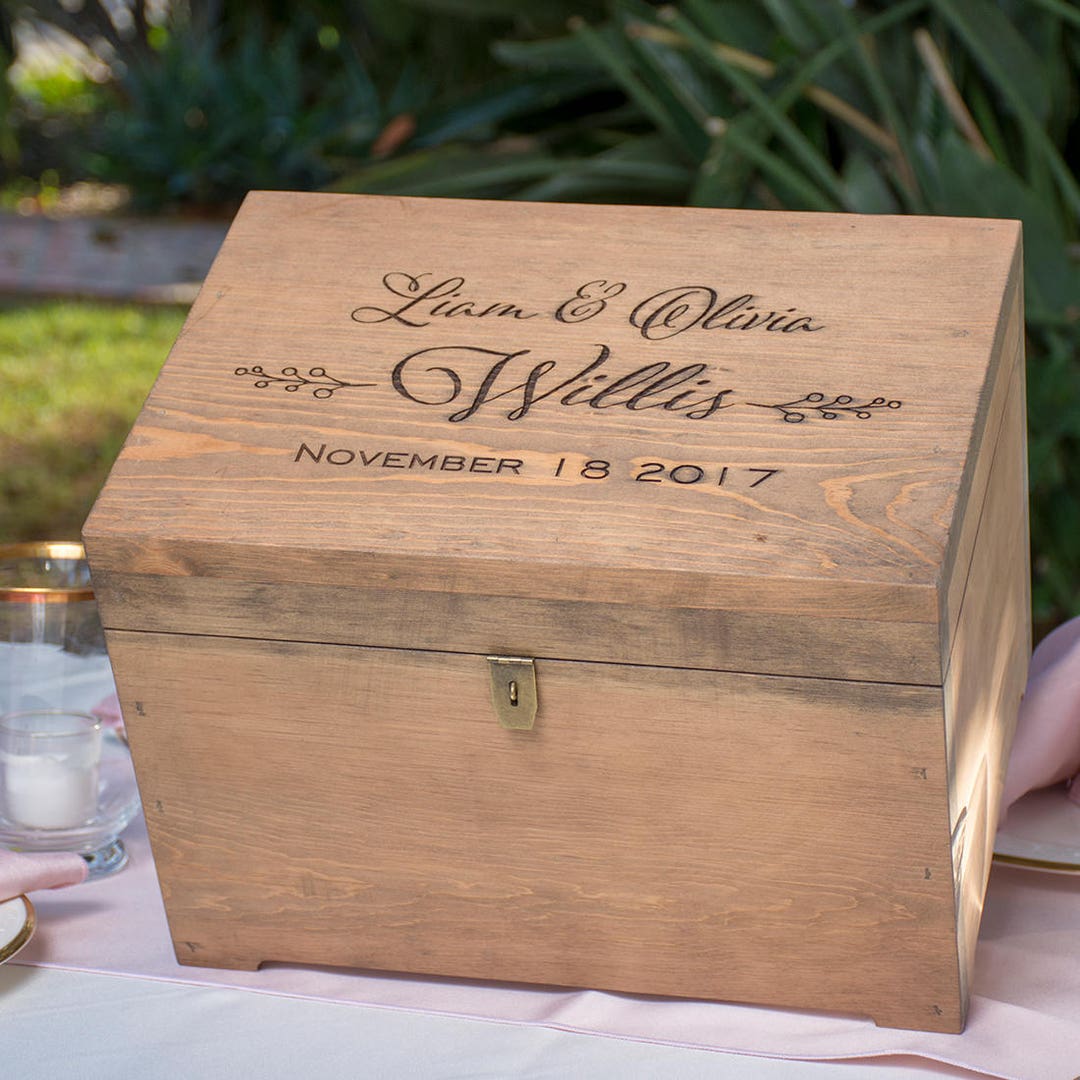 Personalized Wood Wedding Card Chest - Name With Date and Wreath Design ...