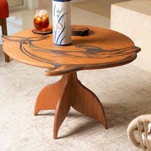 Dolphin Engraved Coffee Table | Round Hardwood Table | Artisan Handmade ...