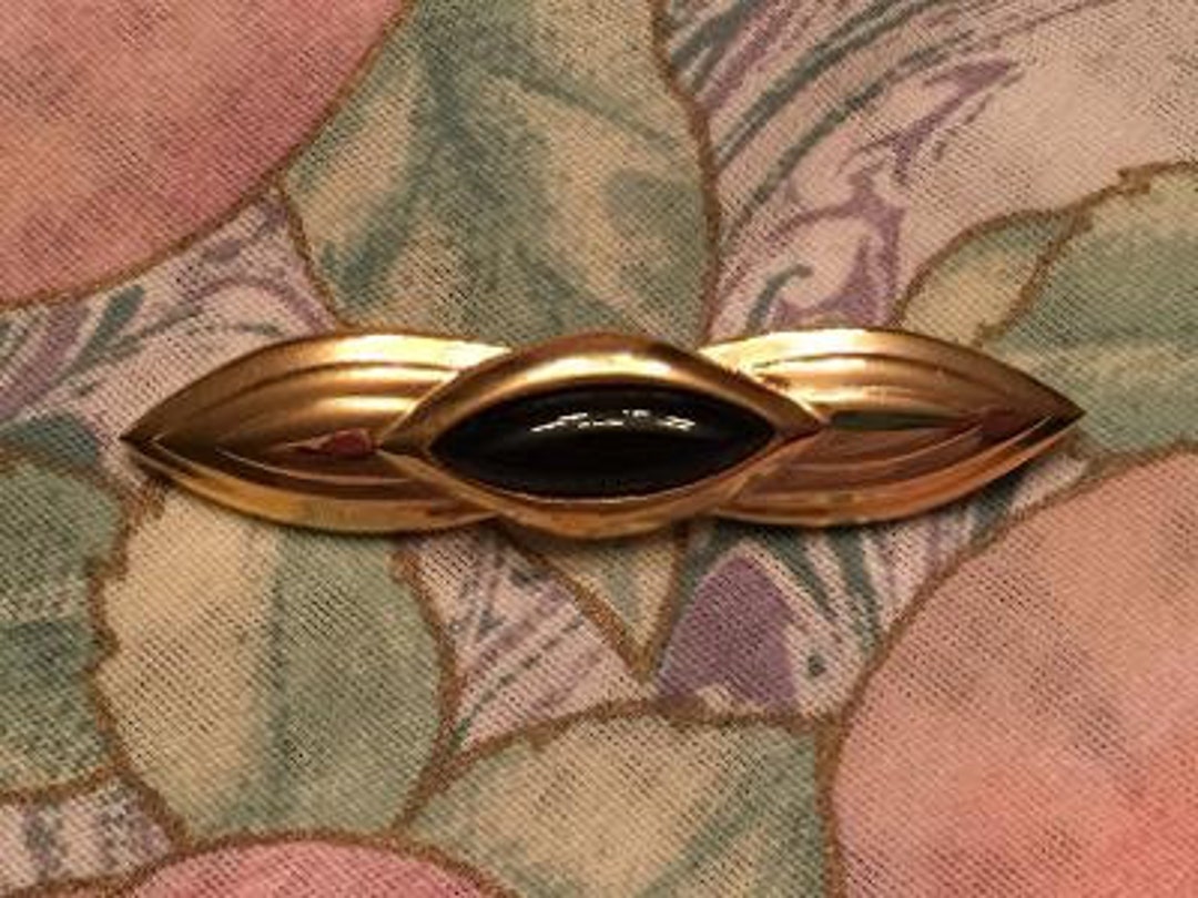 Ginnie Johansen Designs GJD Goldtone Bar Pin or Brooch With Black Stone ...