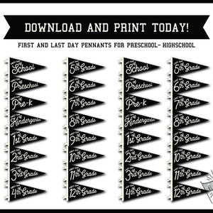 First & Last Day of School Pennants- Digital Download- Black - Etsy