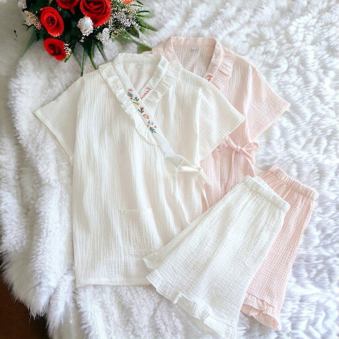 100% Cotton Gauze Pajama, Summer Kimono Pajamas Set, 2pcs Raglan Sleeve ...