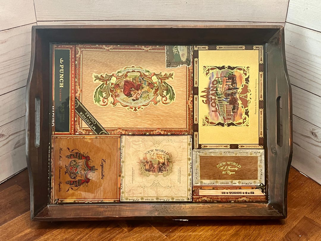 Large Wood Serving Tray With Cigar Boxes / Dark Brown Cigar Themed Tray ...
