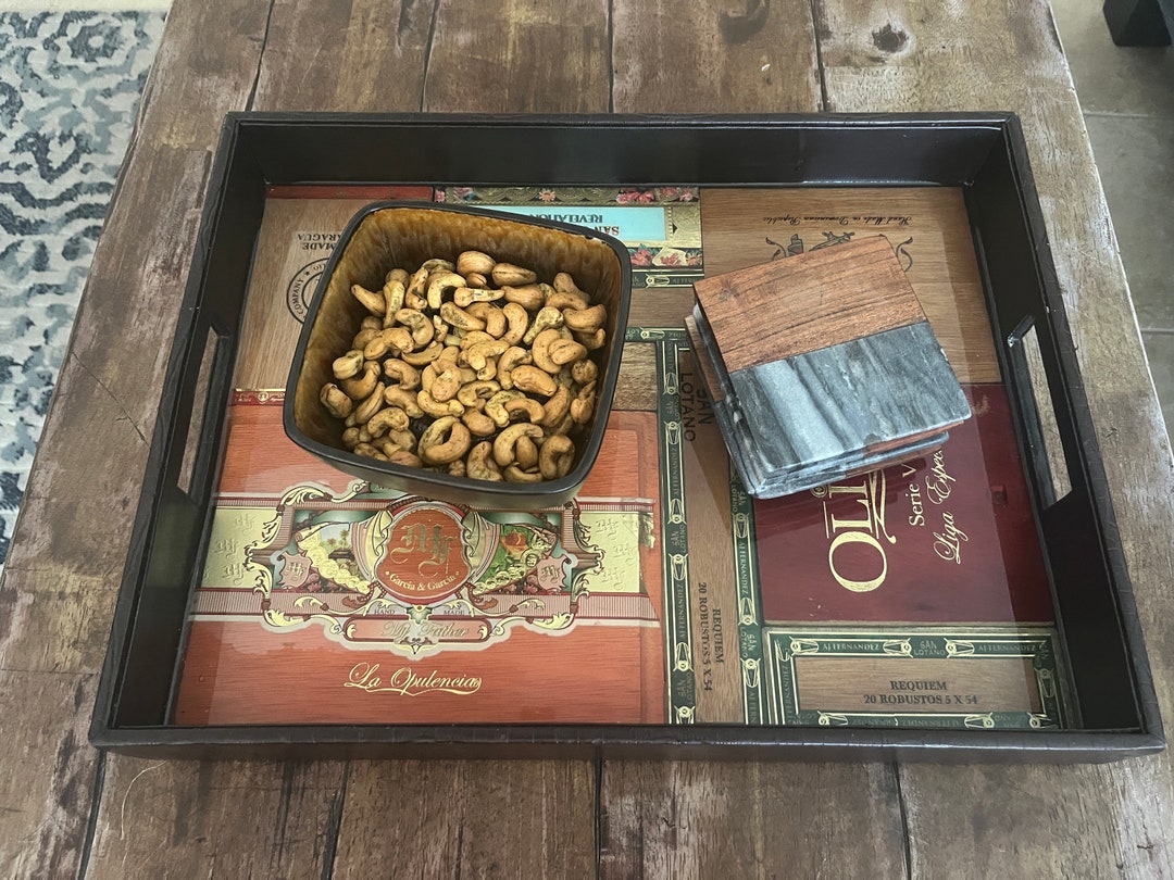 Brown Serving Tray With Cigar Boxes / Cigar Box Tray for Coffee Table ...