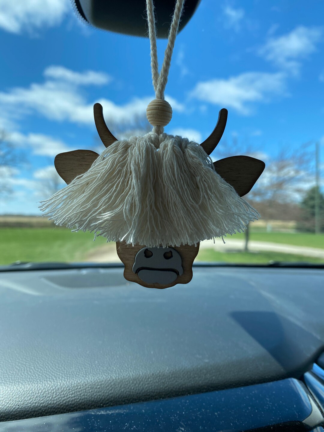 Macrame Highland Cow Car Charm-rear View Mirror-essential Oil Diffuser ...