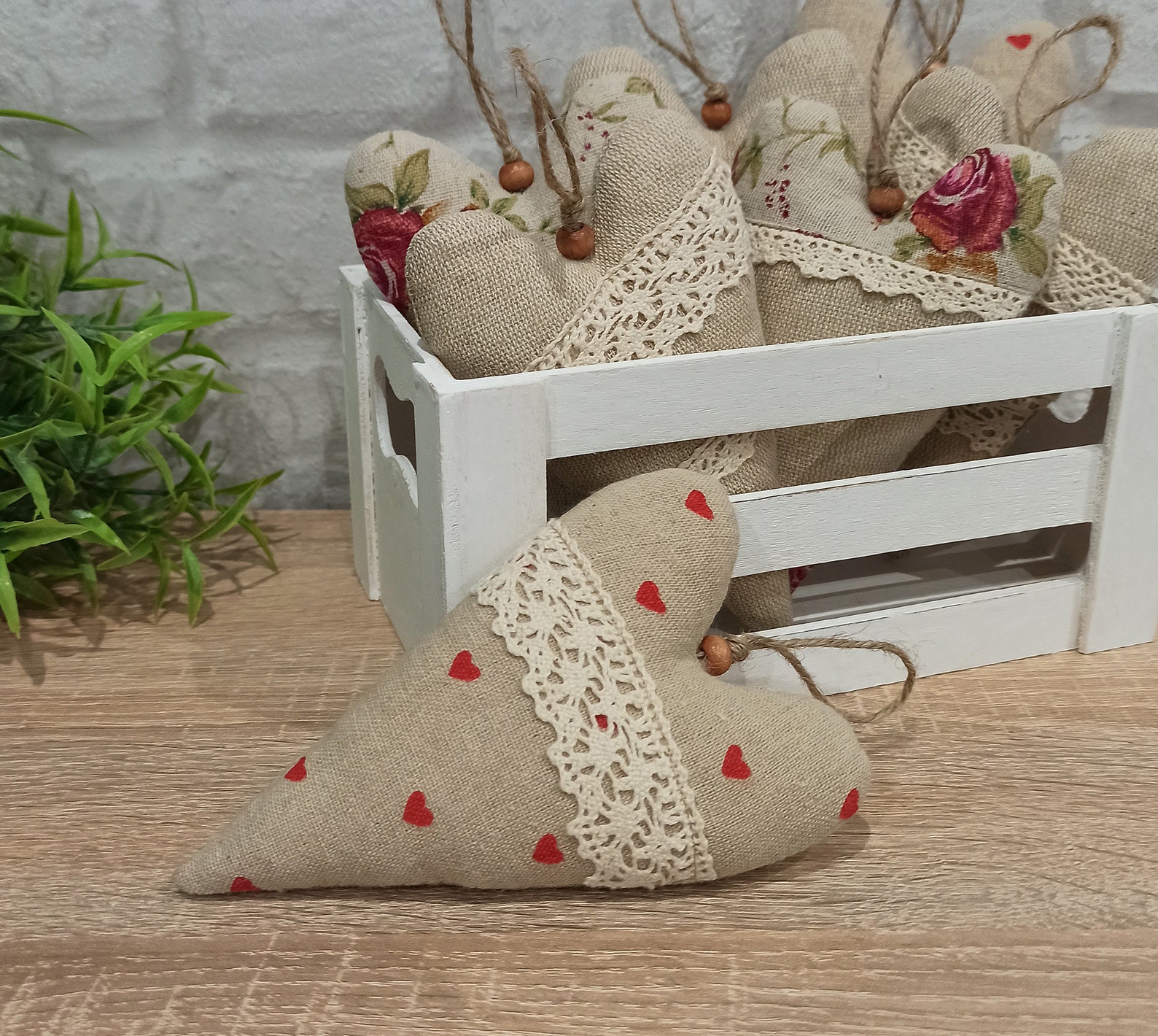 Linen Fabric Hanging Heart, Primitive Heart for Home Decor, Lace Heart ...
