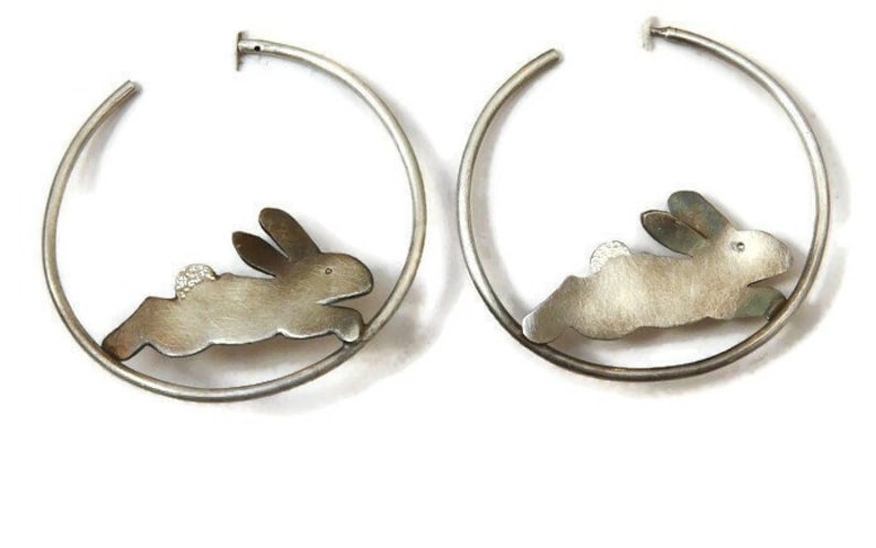 Silver Jumping Rabbit Hoop Earrings, Hand Cut Leaping Bunny 40mm Hoops ...