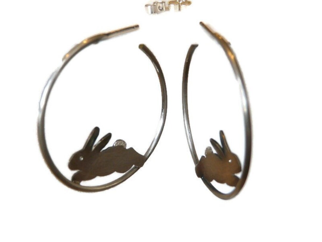Silver Jumping Rabbit Hoop Earrings, Hand Cut Leaping Bunny 40mm Hoops ...