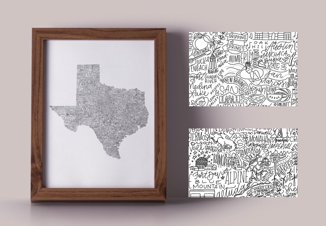 Hand Lettered and Illustrated Map of Texas - Etsy