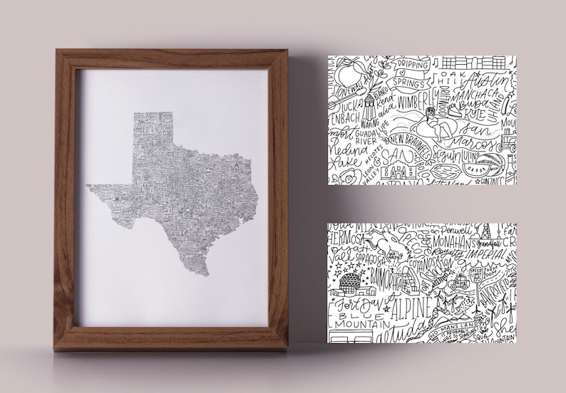 Hand Lettered and Illustrated Map of Texas - Etsy