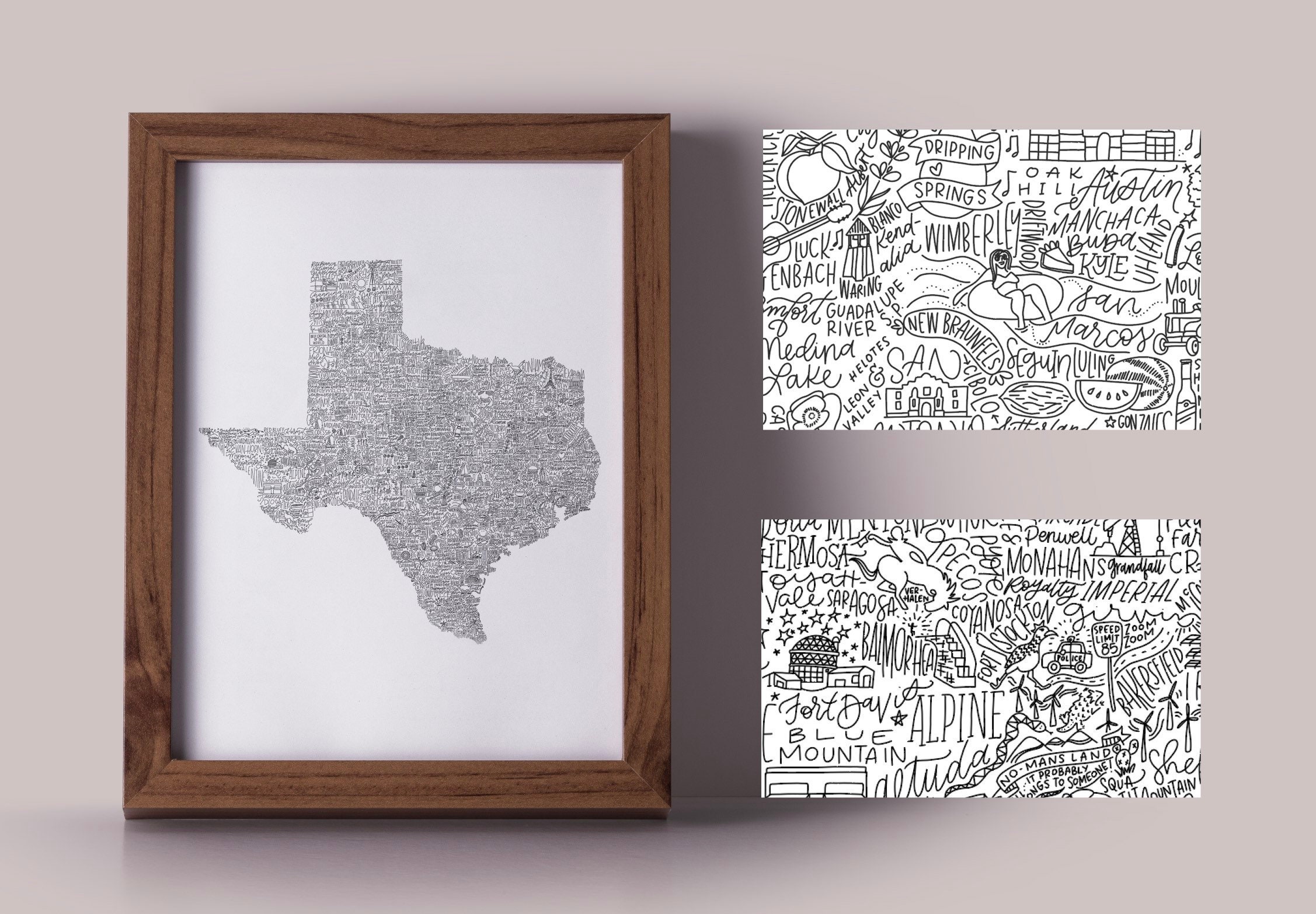 Hand Lettered and Illustrated Map of Texas - Etsy