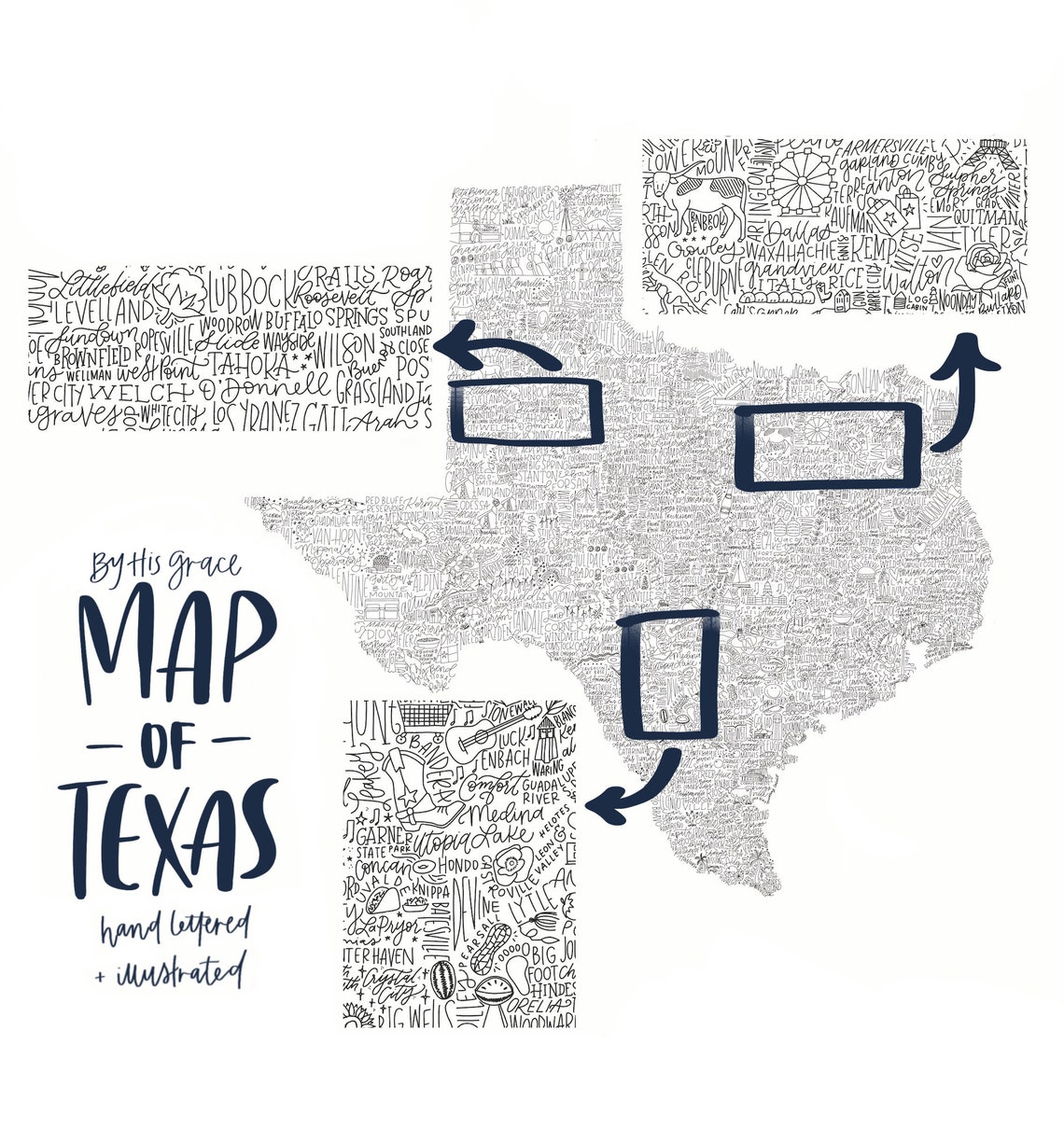 Hand Lettered and Illustrated Map of Texas - Etsy