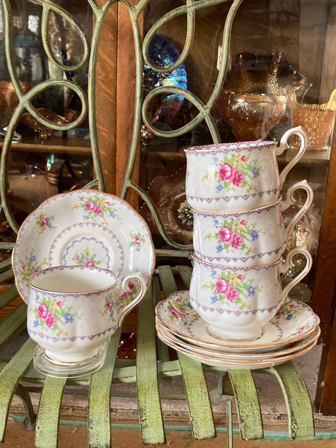 Royal Albert Petit Point Cups and Saucers. Set of 4. Saucers 5.5 Inches ...