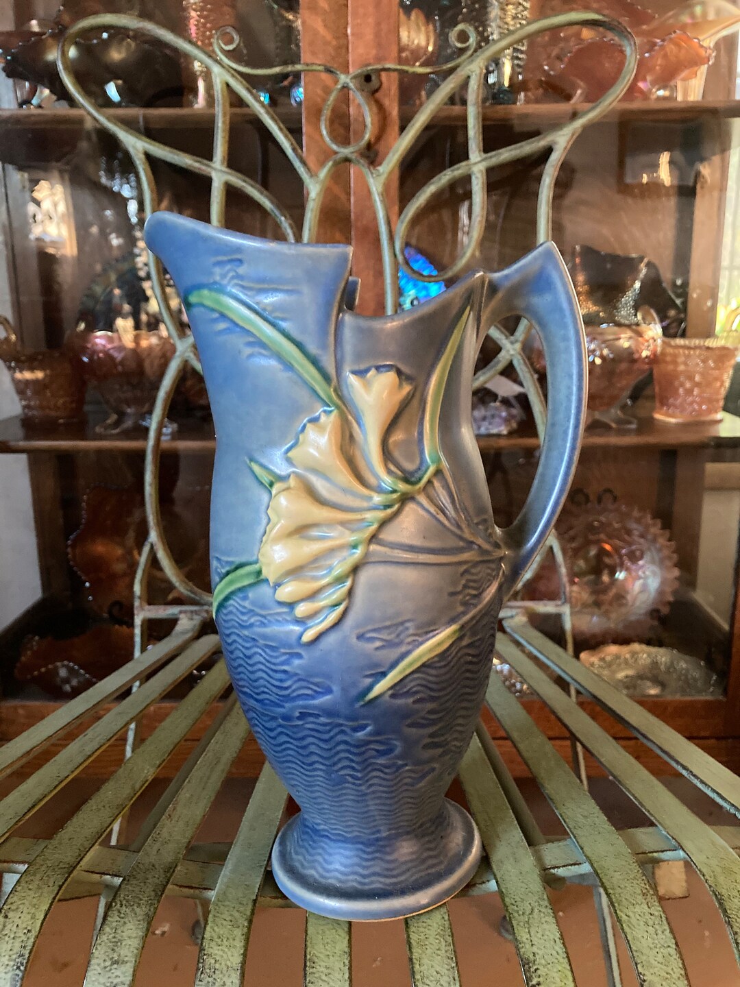 Roseville Potery Freesia Ewer. Blue. 10.5 Inches Tall. 20-10. Produced ...