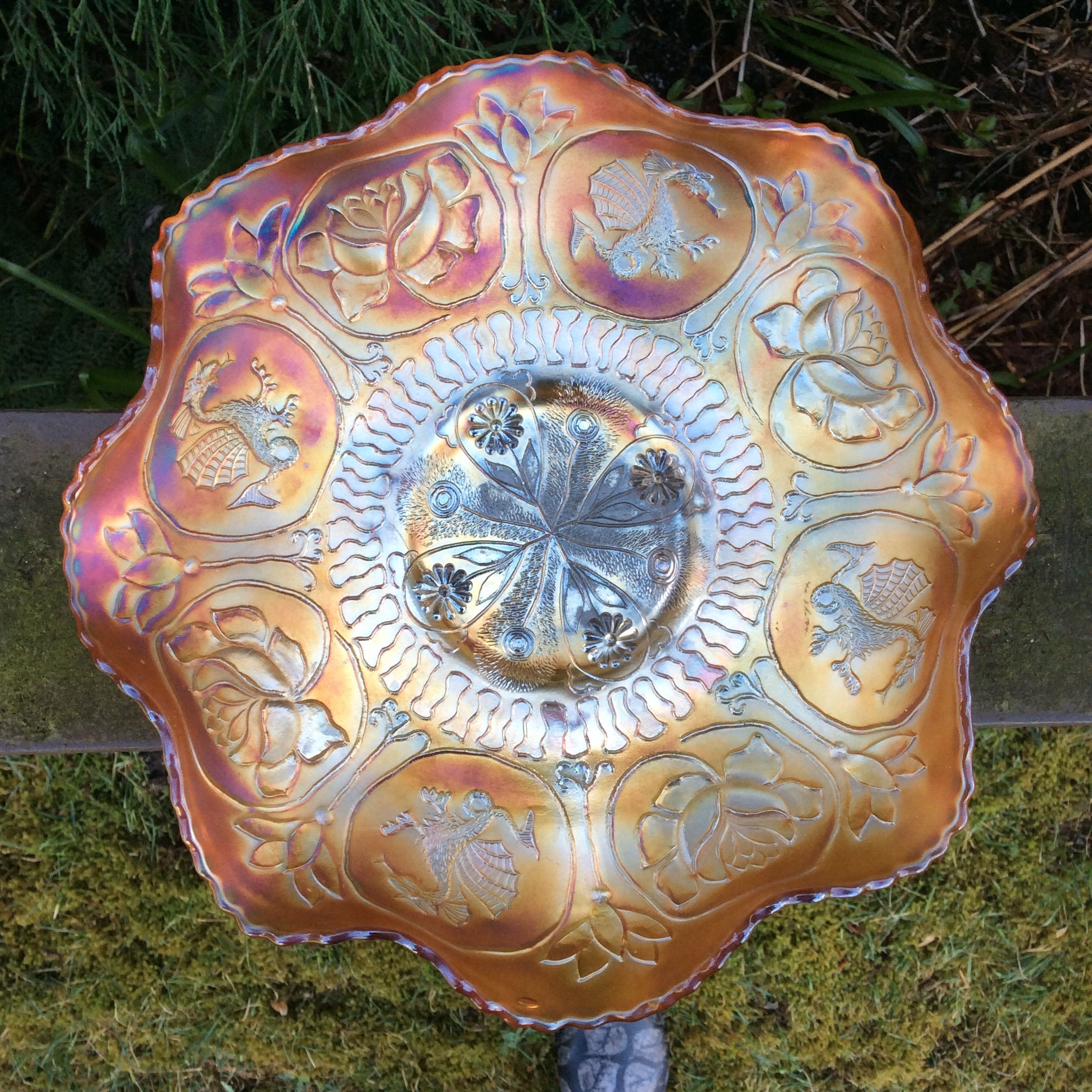 Carnival Glass Dragon and Lotus Marigold Low Ruffle Bowl. - Etsy
