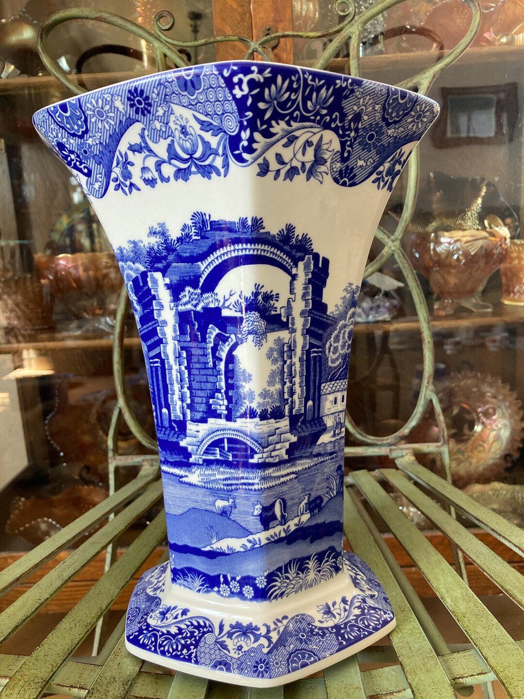 Spode Blue Italian Hexagonal Footed Vase. 10.5 Inches Tall. Produced ...