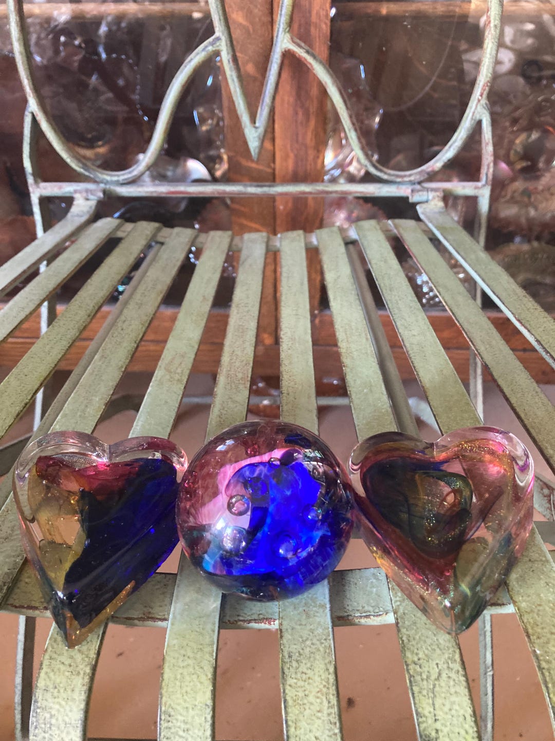 Robert Held Art Glass. Set of 3. 2 - Hearts. 1 - 2.5 Inch Diameter Orb ...