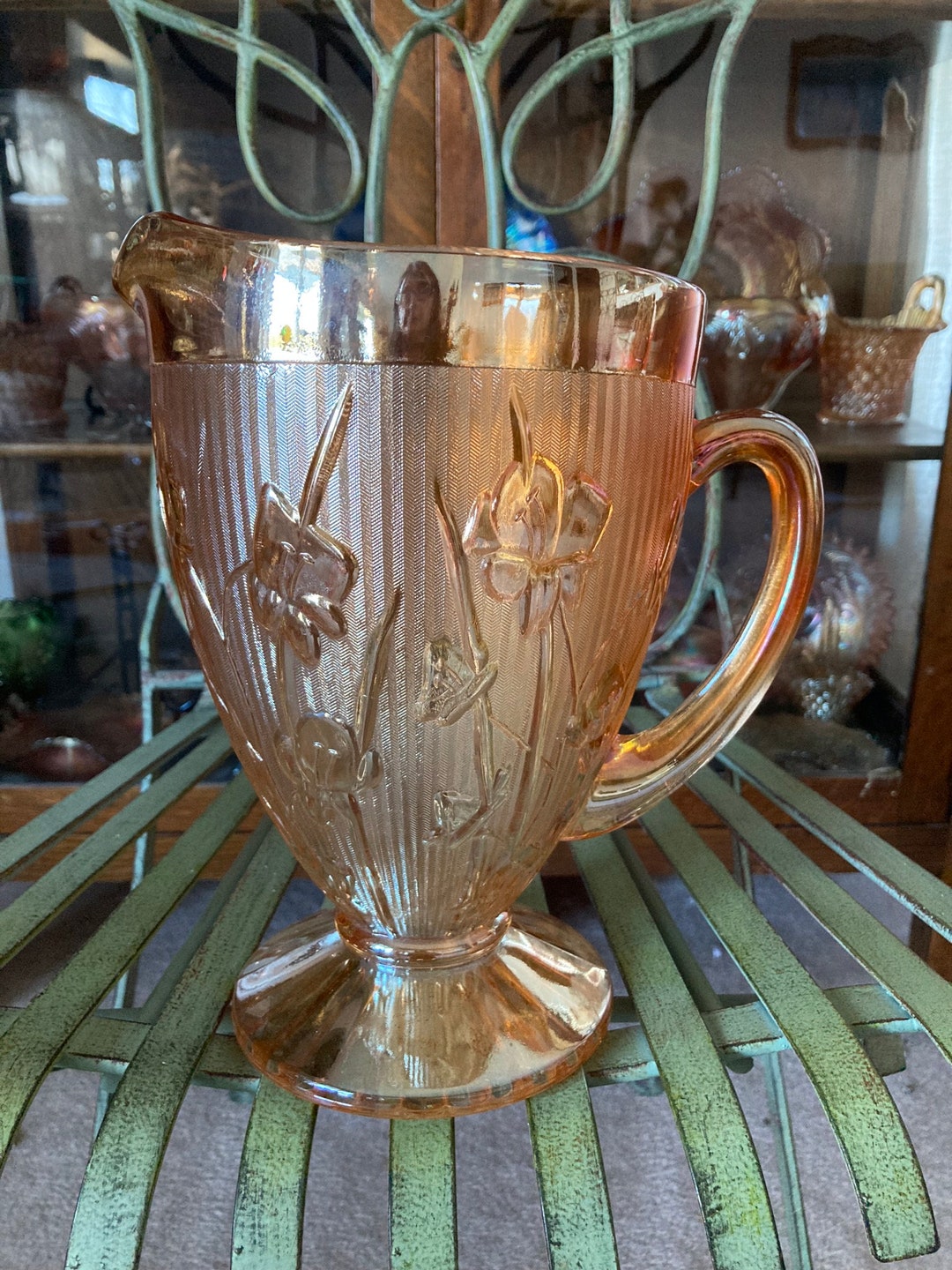 Depression Glass Iris and Herringbone Pitcher. Iridescent. 9 Inches ...