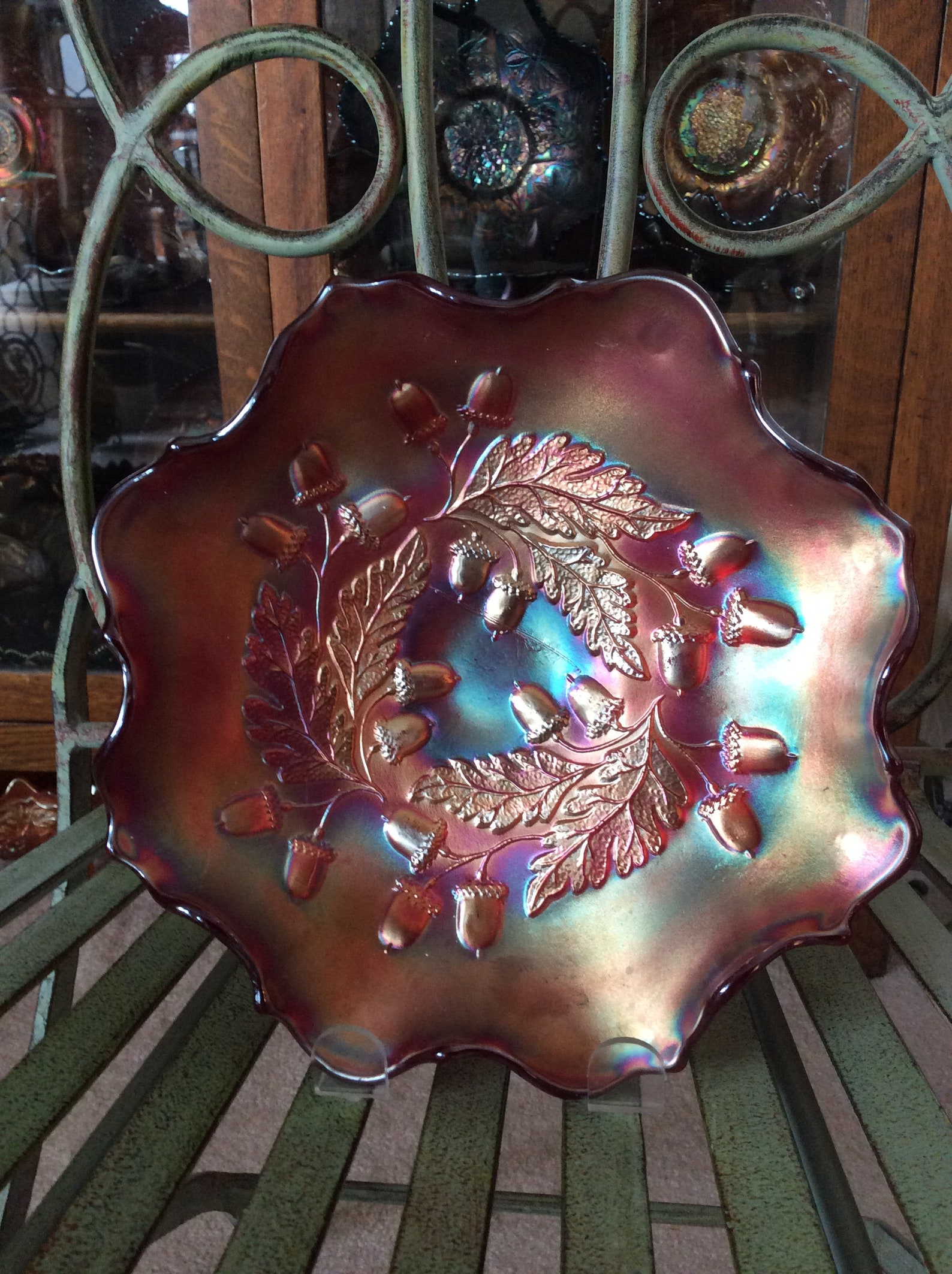 Carnival glass Acorn red ruffled bowl. Produced by Fenton in | Etsy