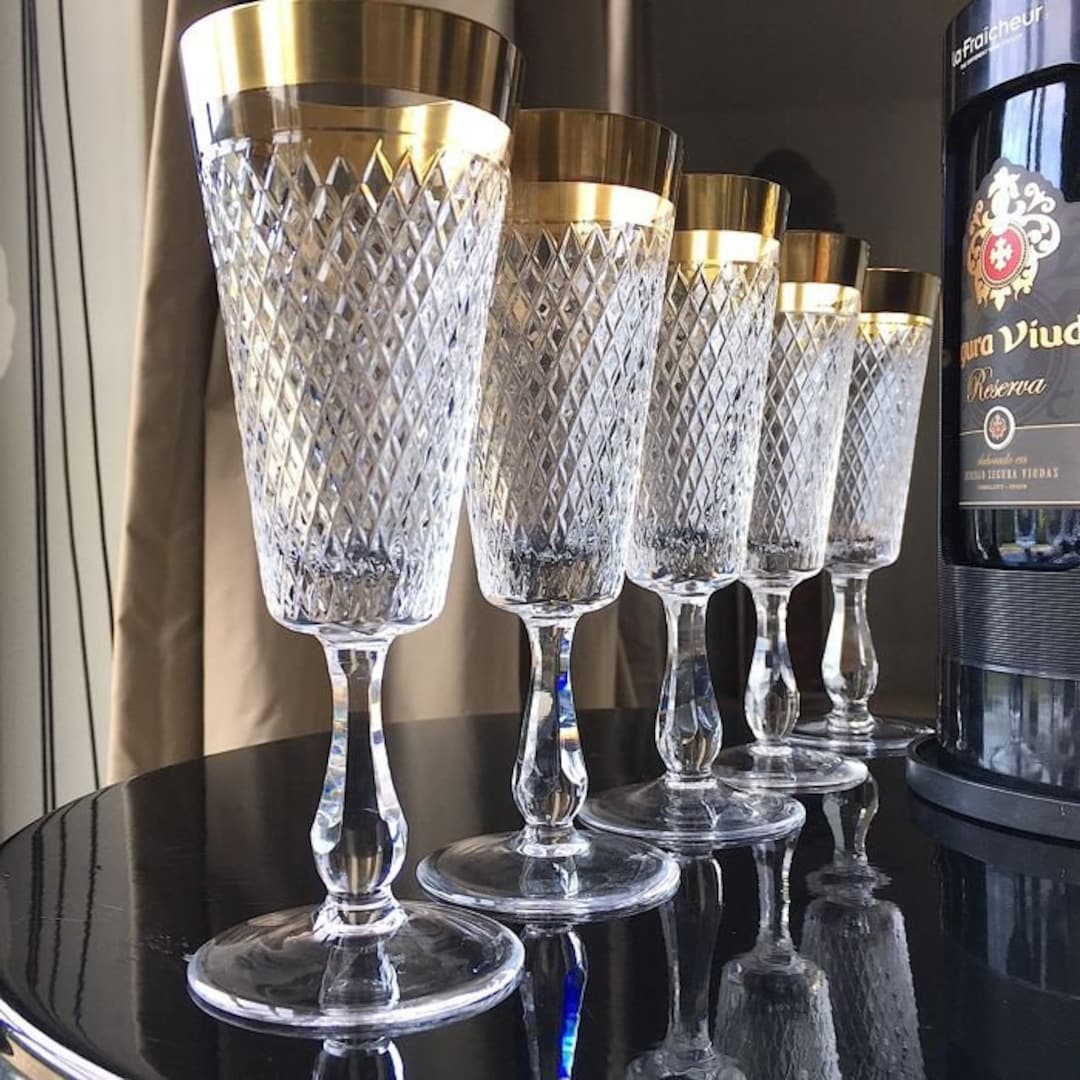Crystal Champagne Glasses | Flutes With 24K Gold Trim | 6pcs | Diamond ...