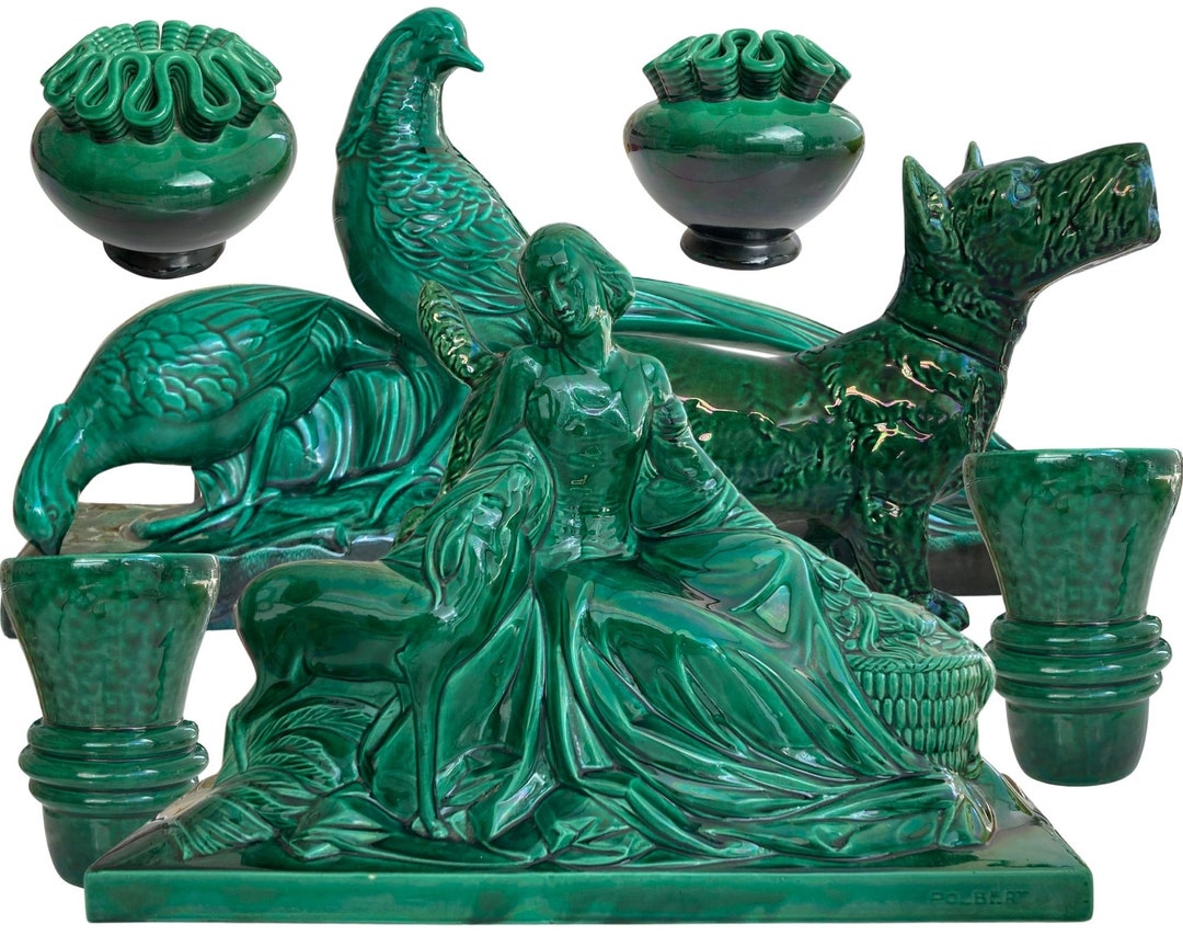 Art Deco Center Pieces | Majolica French Faience | Jade Green Figurines ...