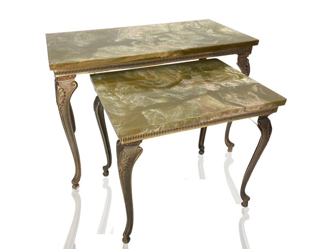 Faux Marble Stacking Tables (2pcs) | Onyx Nesting Tables | Brass and ...