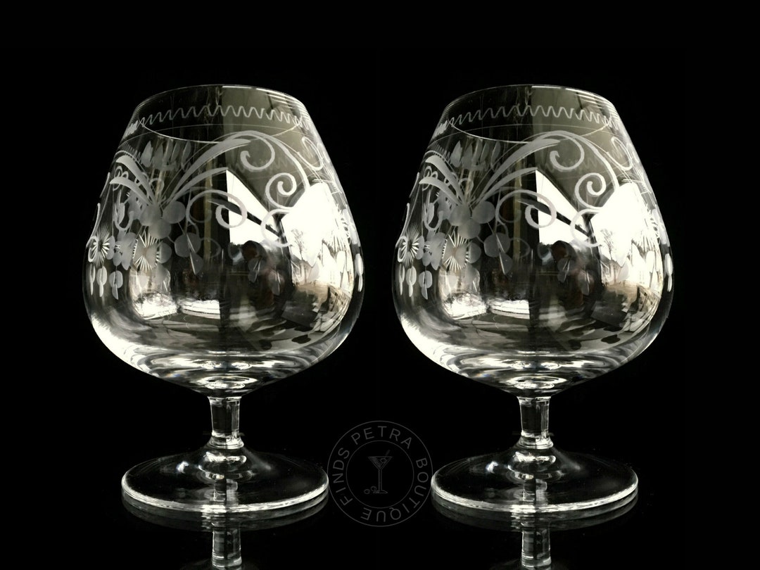 Crystal Large COGNAC GLASSES | Brandy Snifters| 2pcs | Bird Engravings ...