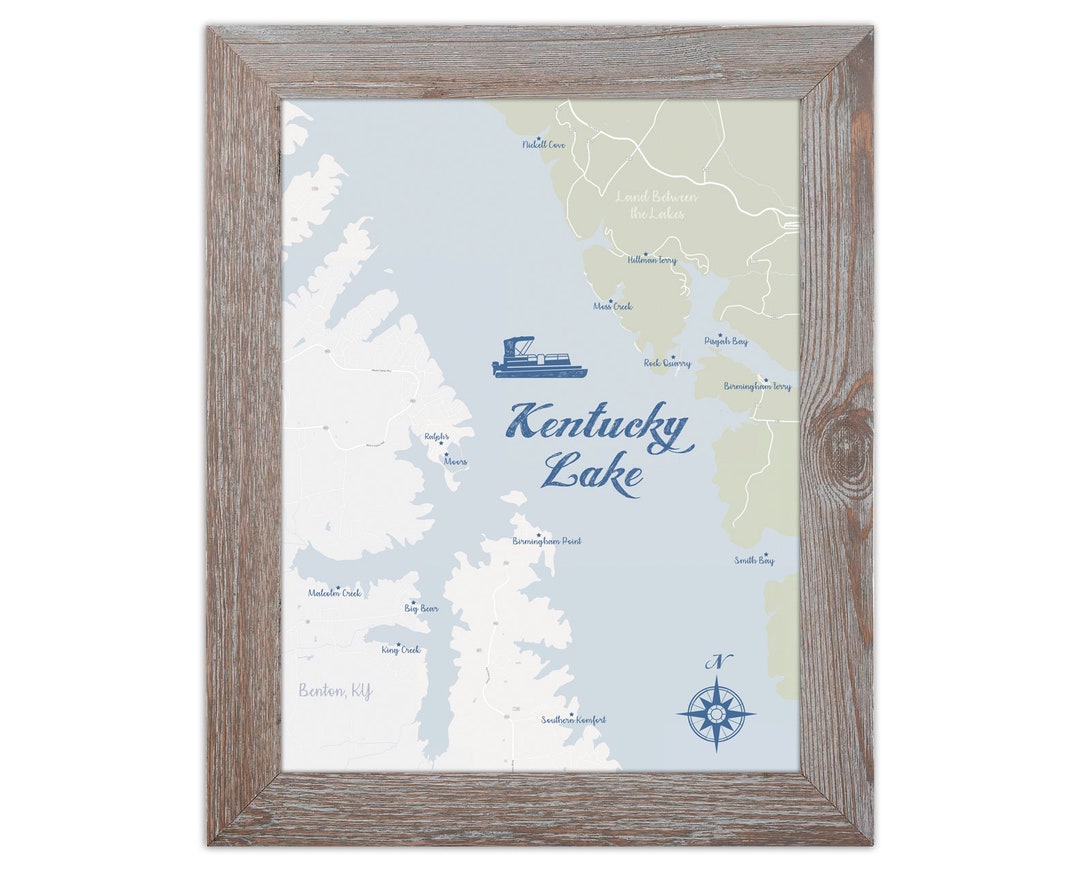 Kentucky Lake Map With Pontoon Boat, Resorts, Recreation, 11x14 Print ...