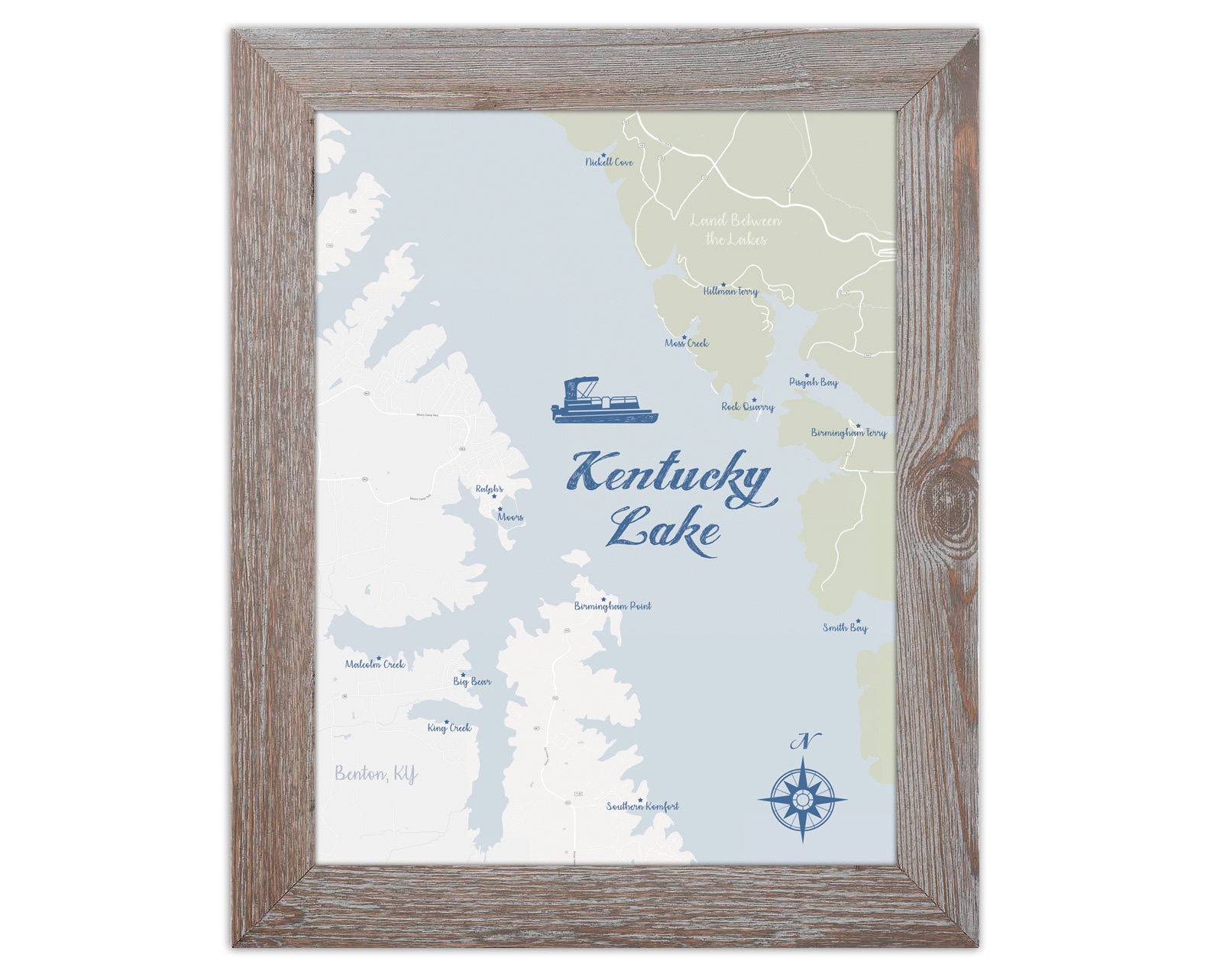Kentucky Lake Map With Pontoon Boat, Resorts, Recreation, 11x14 Print ...