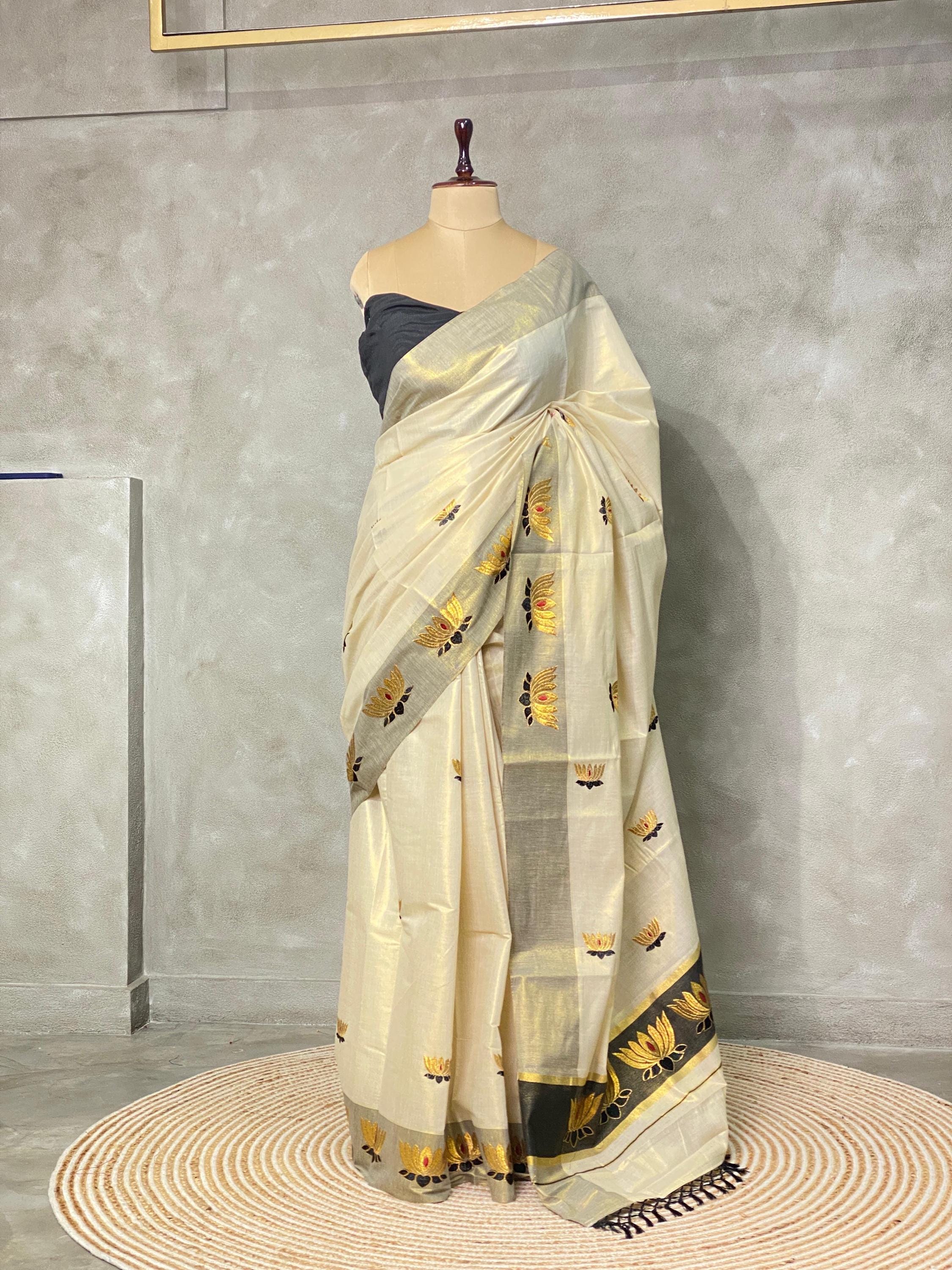 Kerala Onam Tissuer Saree With Lotus Embroidery - Etsy