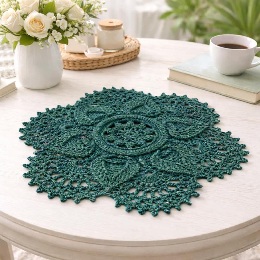 Handmade Crochet Doily - Peacock Green Floral Table Centerpiece, 16.25 ...