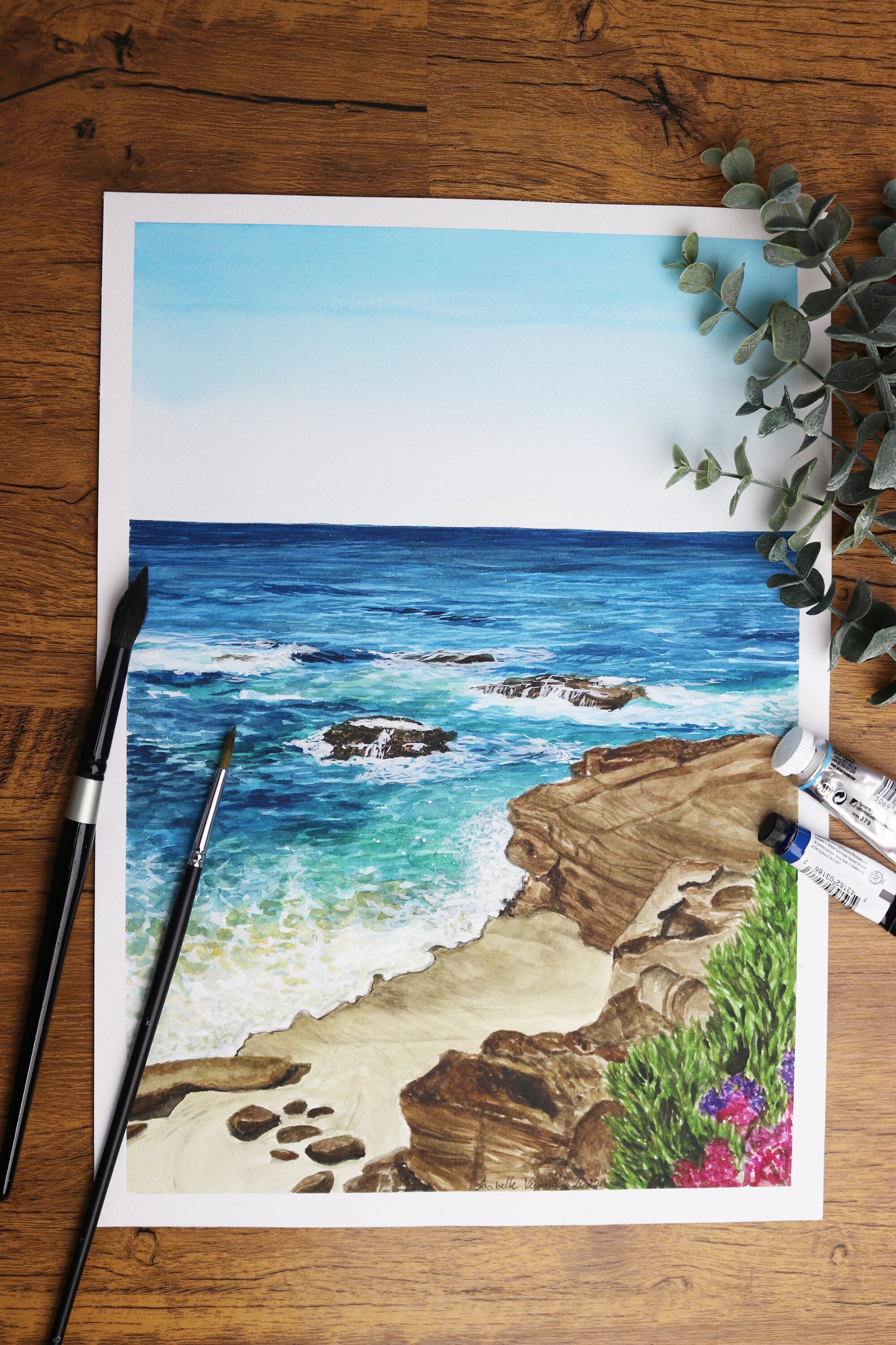 Painting Beach Watercolor Realistic Ocean With Rocks and Plants Flowers ...