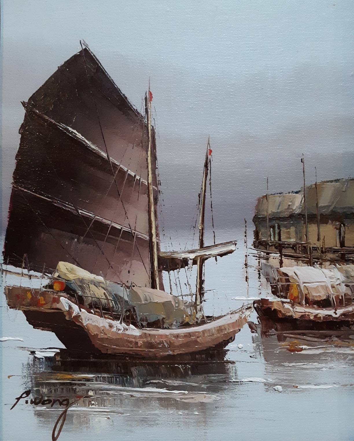 P. Wong Original Acrylic/oil Art Painting "chinese Junk Boats" Seascape ...