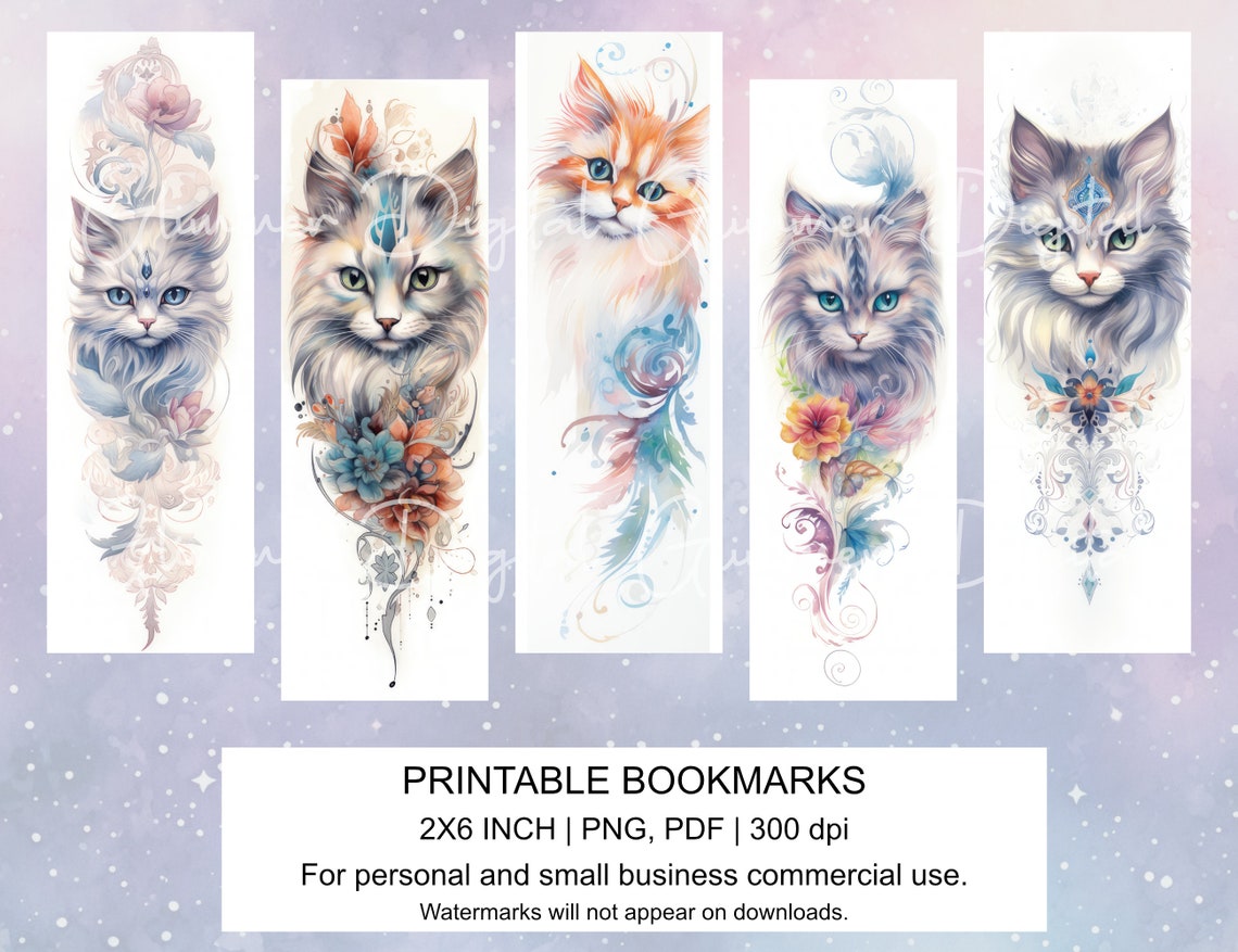 10 Cat Bookmarks Watercolor Printable Bookmark Designs PDF PNG Reading ...