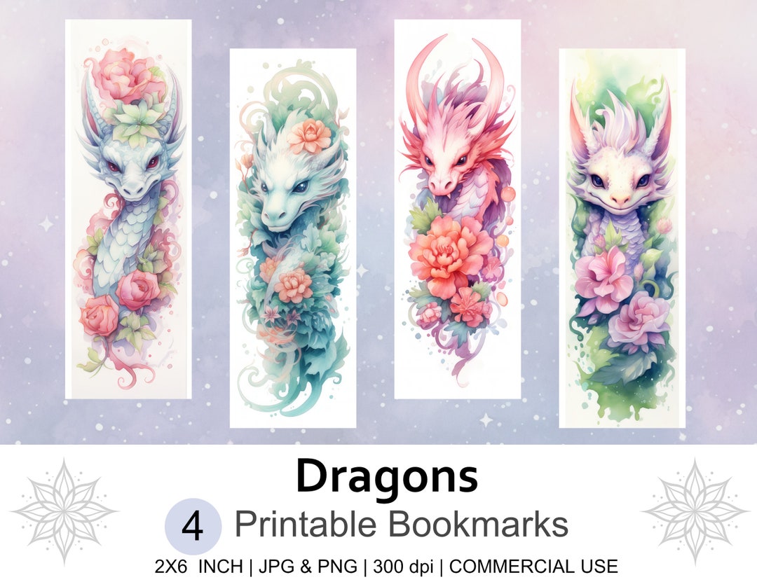Pastel Dragon Bookmarks PNG PDF - Set of 4 Printable Bookmarks for ...