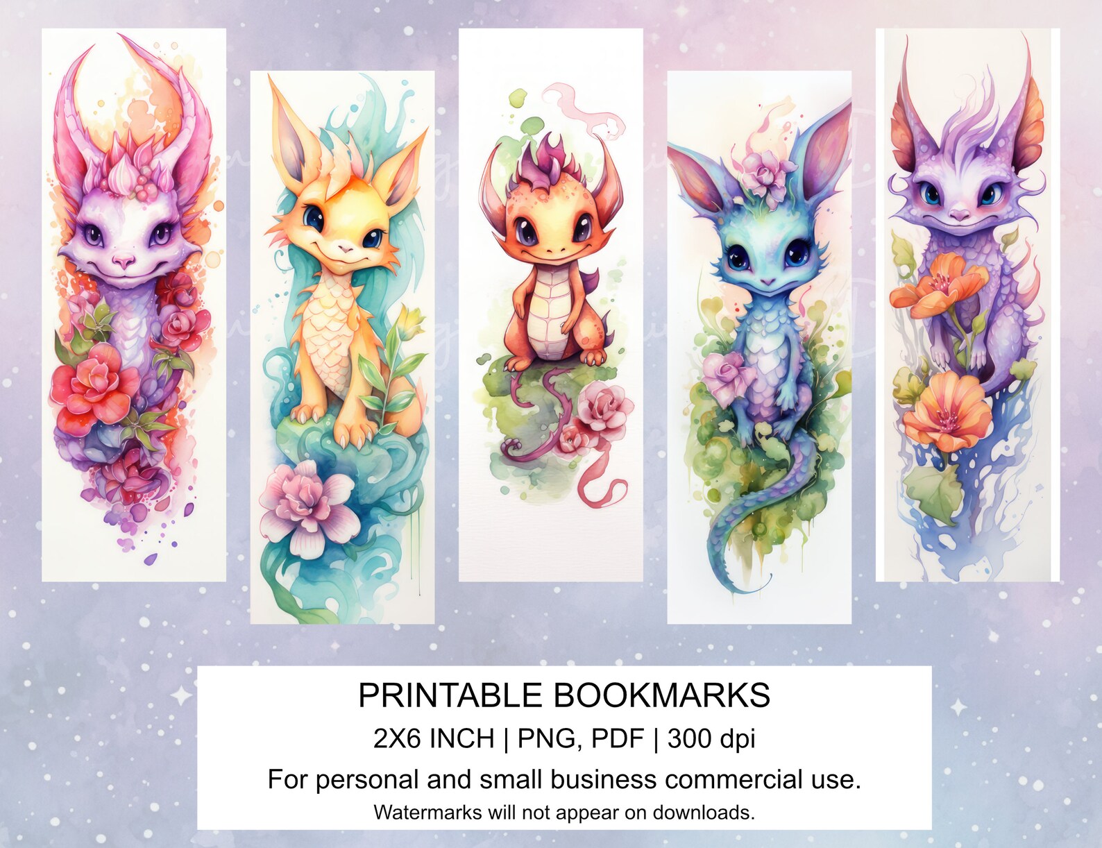 10 Kawaii Dragon Bookmarks - Cute Watercolor Bookmarks for Women ...