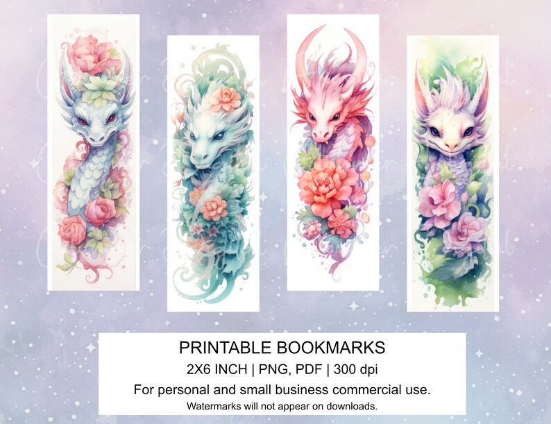 Pastel Dragon Bookmarks PNG PDF - Set of 4 Printable Bookmarks for ...