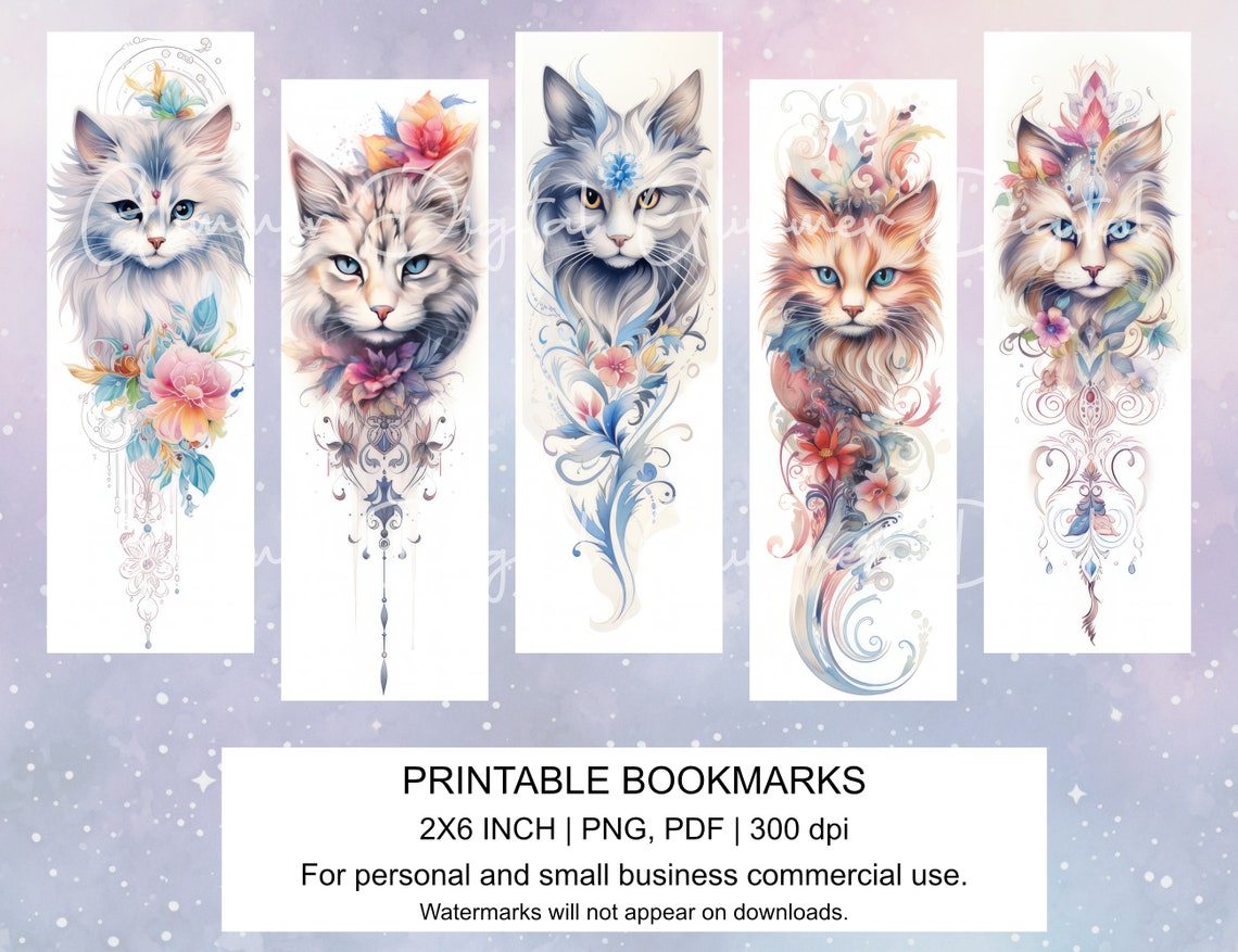 10 Cat Bookmarks Watercolor Printable Bookmark Designs PDF PNG Reading ...