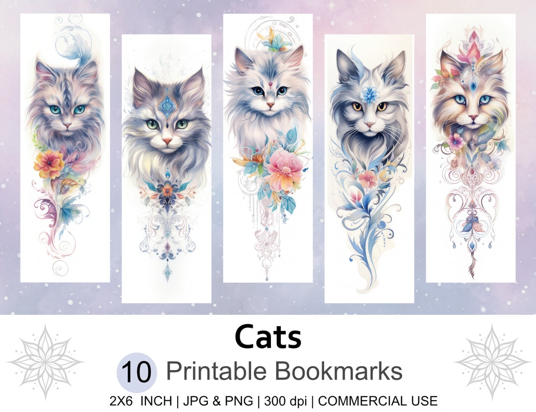10 Cat Bookmarks - Watercolor Printable Bookmark Designs - PDF PNG ...