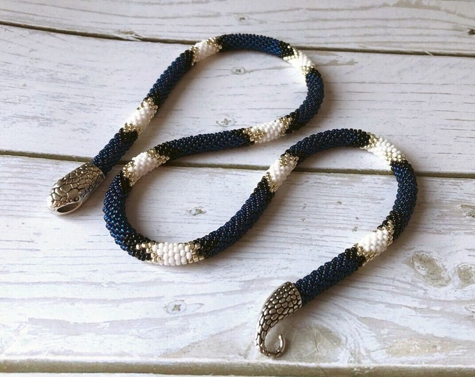 RESERVED Beaded Snake Head Clasp Necklace - Blue Navy Seed Snake Skin ...