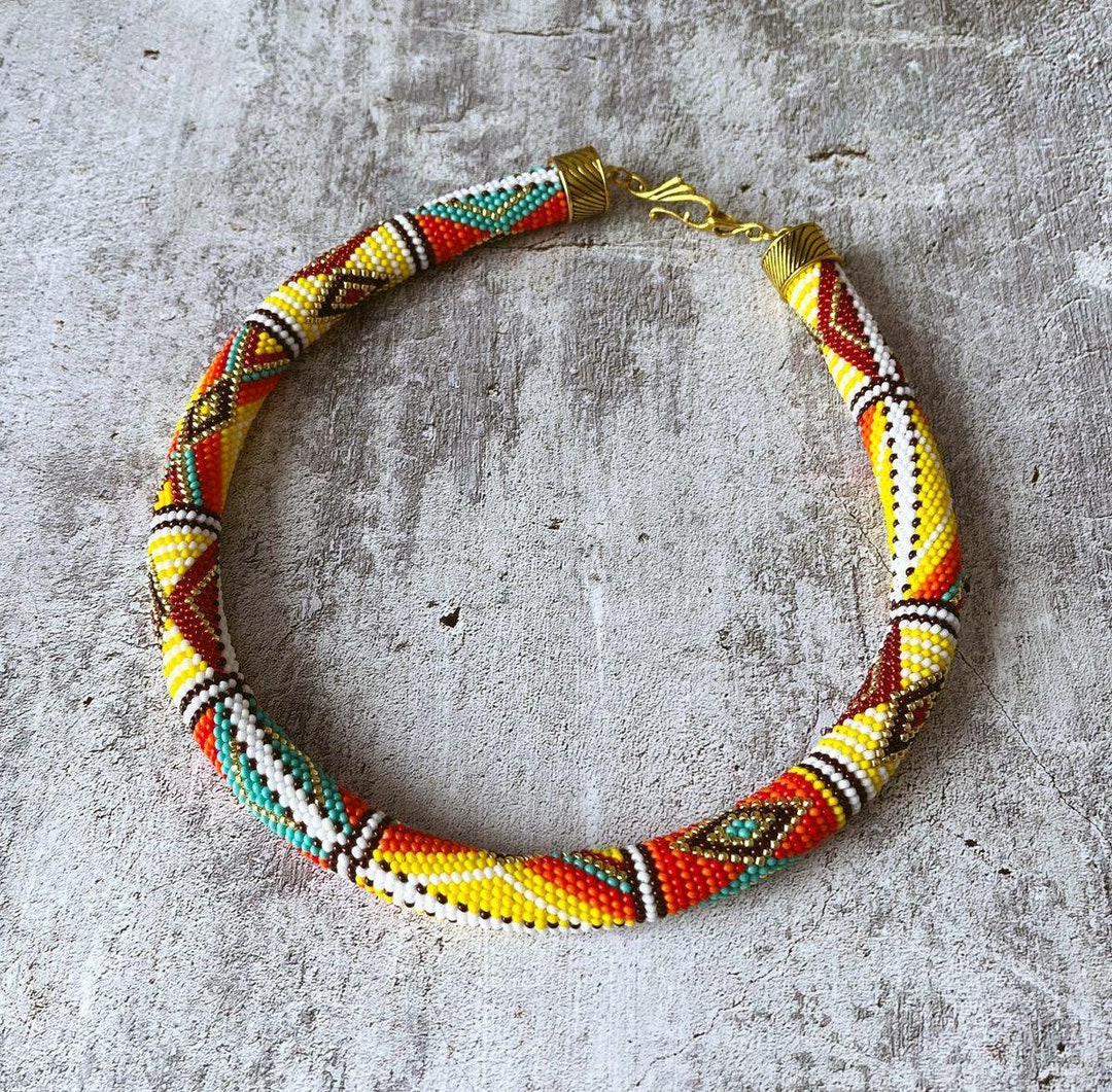 Yellow Bead Crochet Patchwork Necklace - Bright Seed Choker - African ...