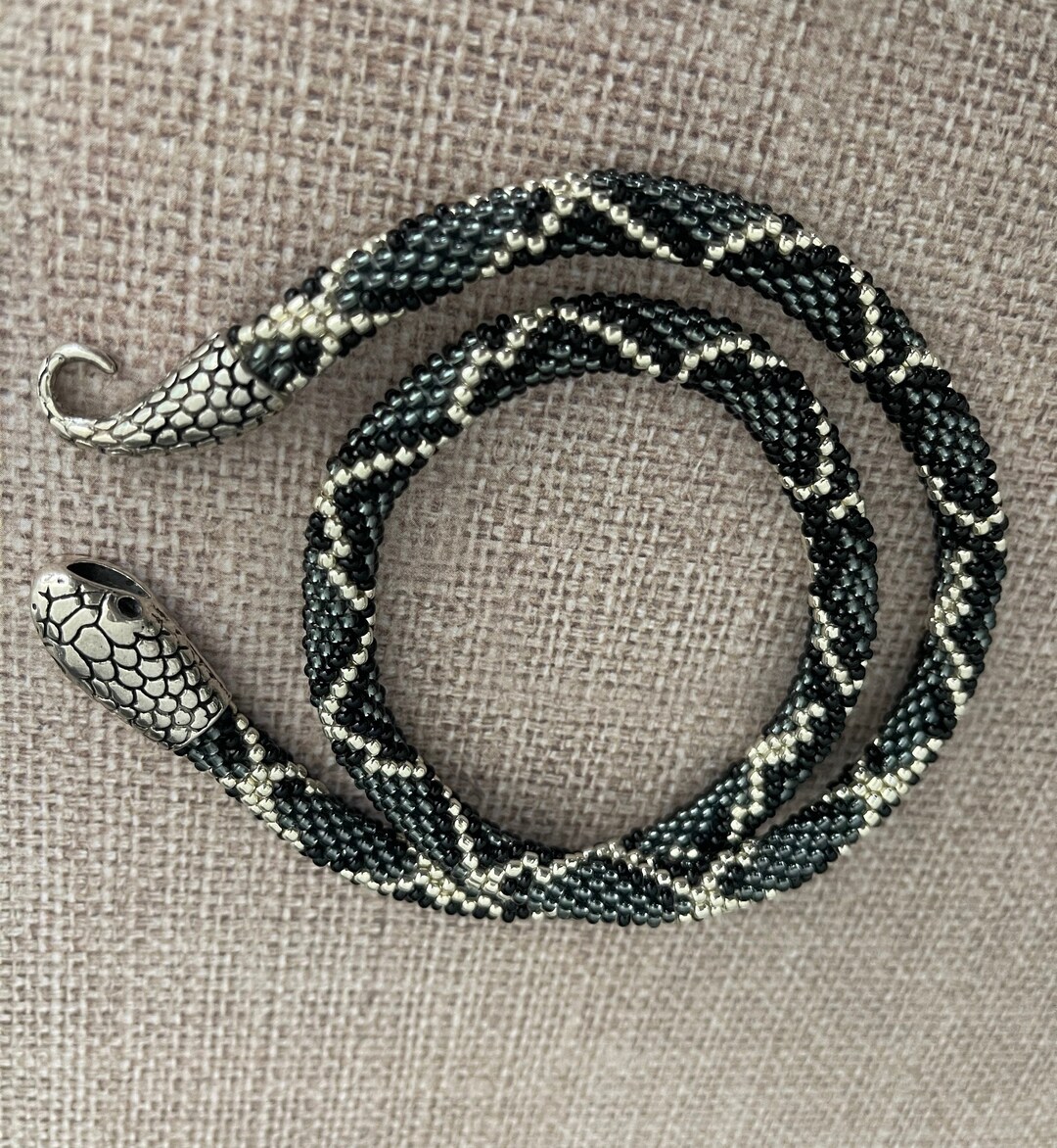 Bead Crochet Black Silver Snake Head Necklace Exotic Gray Seed Snake ...
