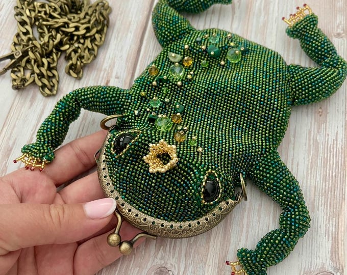 NEW Beaded Crochet Frog Crossbody Purse Bag GREEN - Animal Lover Gift ...