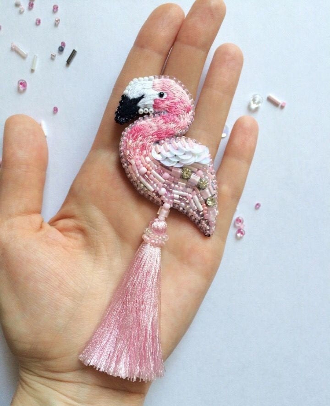 Beaded Pink FLAMINGO Pin - Embroidery Flamingo Statement Brooch - Beads ...