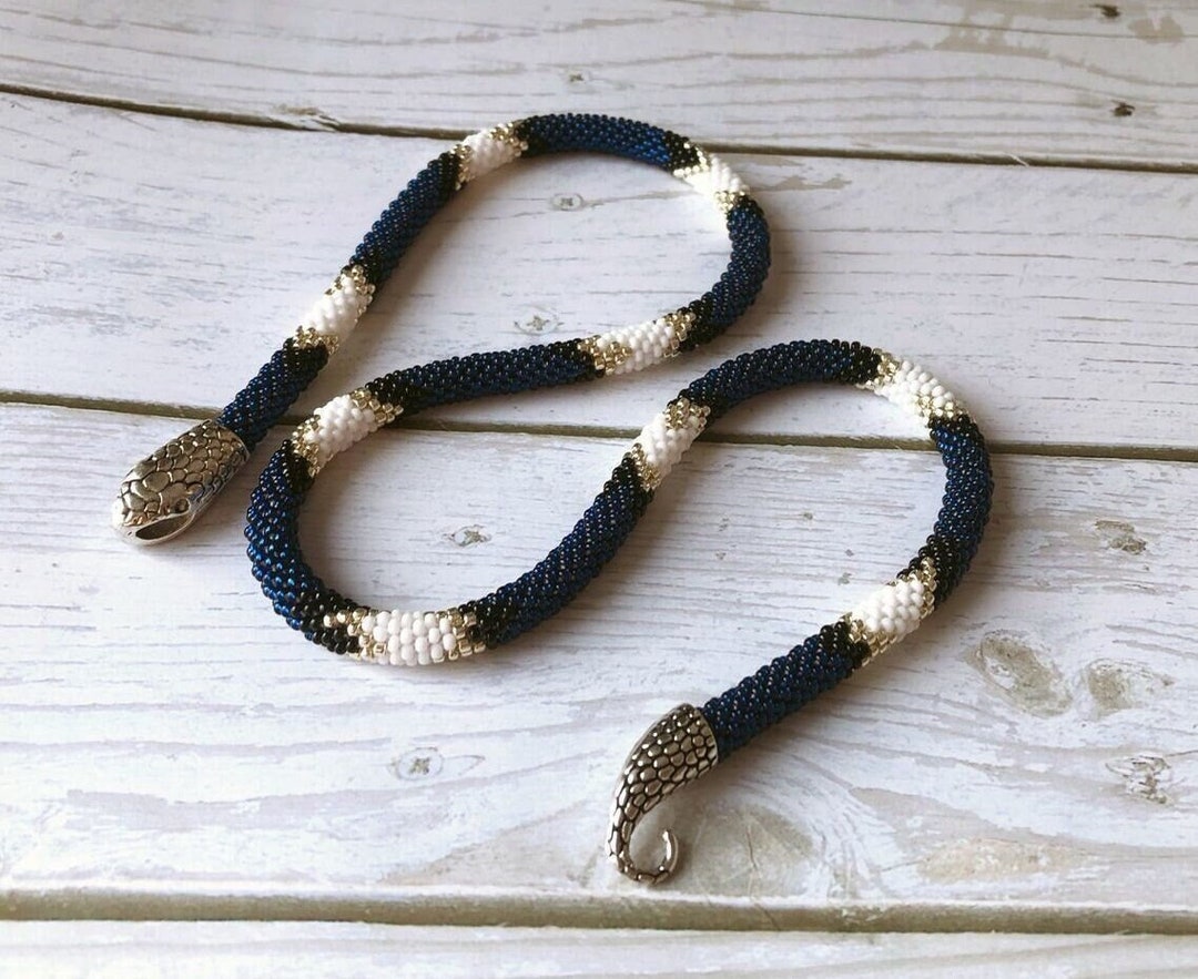 RESERVED Beaded Snake Head Clasp Necklace - Blue Navy Seed Snake Skin ...