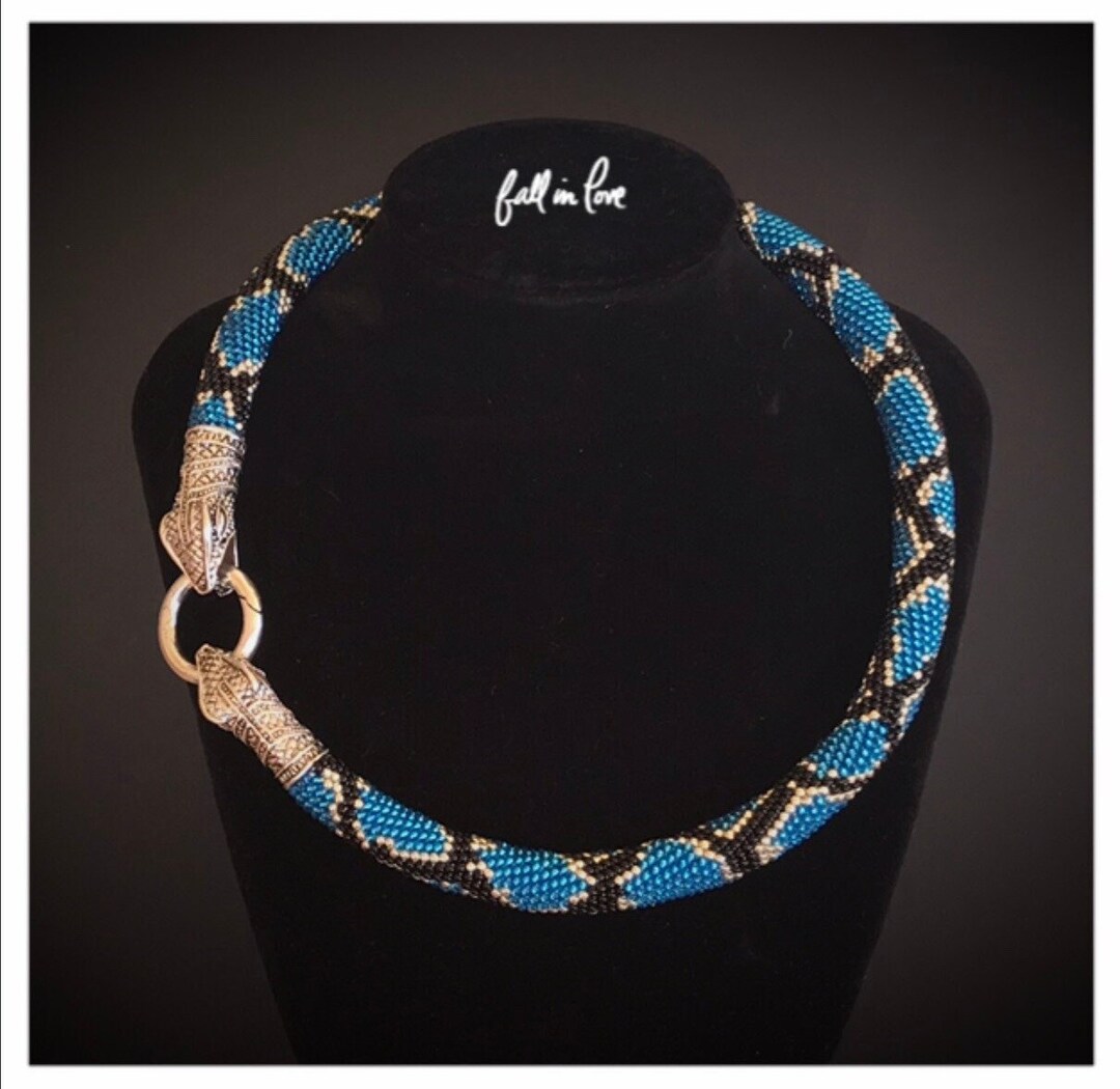 Beaded Snake Head Necklace - Blue Python Skin Choker - Snake Clasp ...