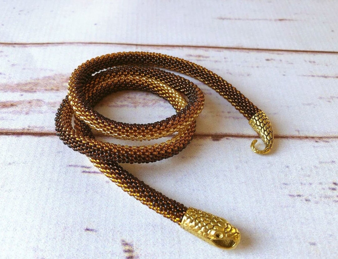 Brown Bead Crochet Snake Bracelet, Unisex Snake Skin Necklace, Gold ...